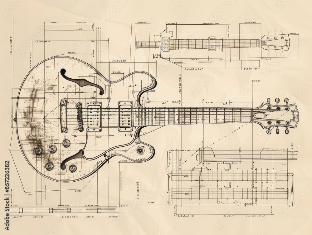 Detailed AutoCAD Drawing of Guitar Body Structure with Precise Bridge ...