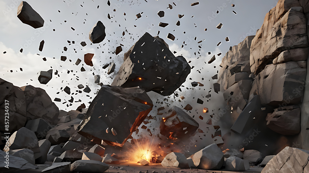 Rock stone white background fall black falling space isolated splash ...