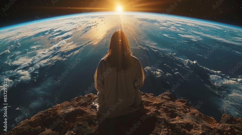 Jesus as the redeemer watching over the earth from space Stock Photo ...