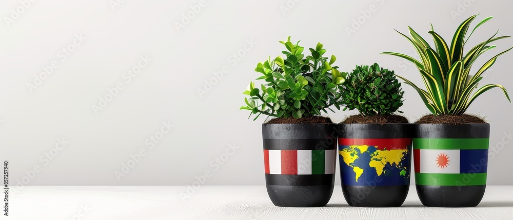 Collection of potted plants with flags of the world, 8k uhd, crisp ...