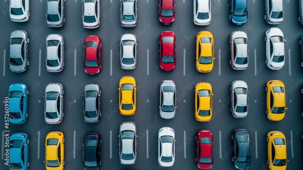 Aerial view of parked cars in a parking lot. Various car models and ...