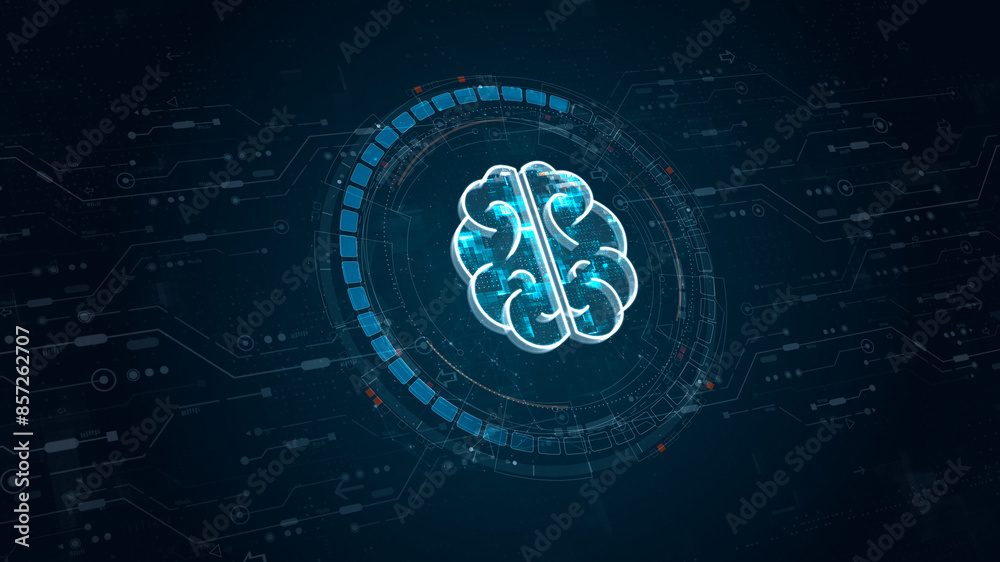 Blue digital robot brain logo and circle futuristic HUD elements with ...