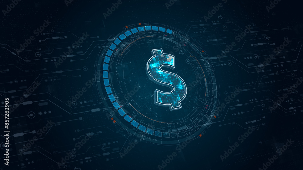 Blue digital money logo with rotation HUD UI circle technology ...