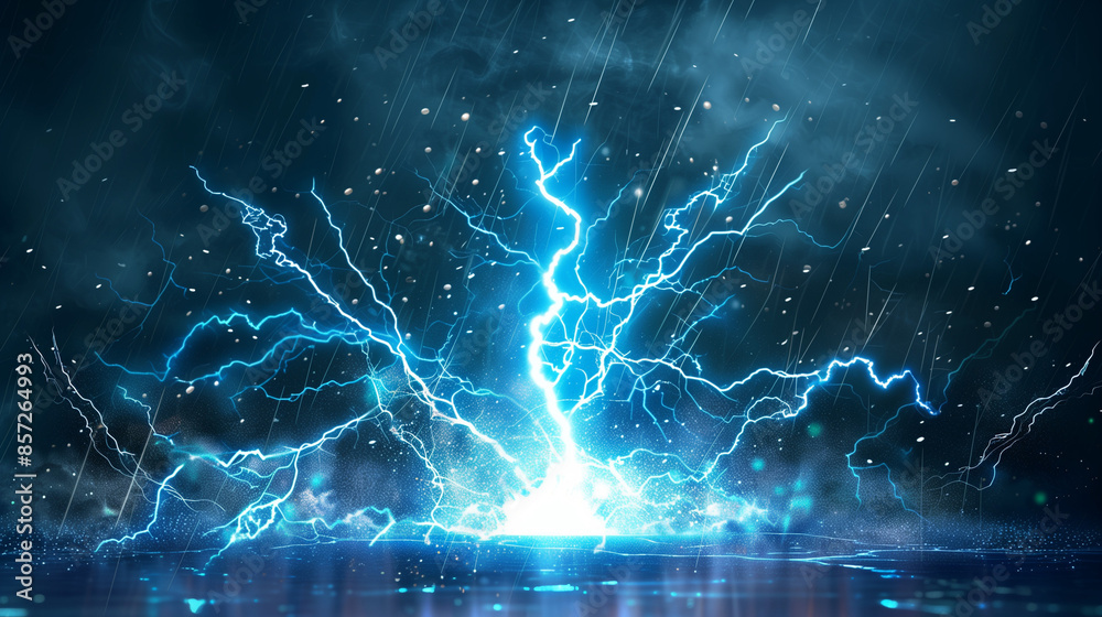 The scene features a dramatic lightning bolt striking the ground with ...