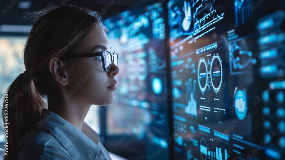 A female data scientist developing a machine learning model using AI ...