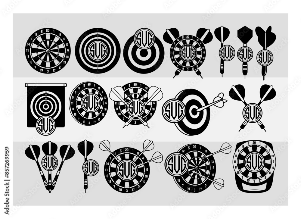 Vetor de Dart Board Circle Monogram SVG Silhouette, Dart Silhouette ...