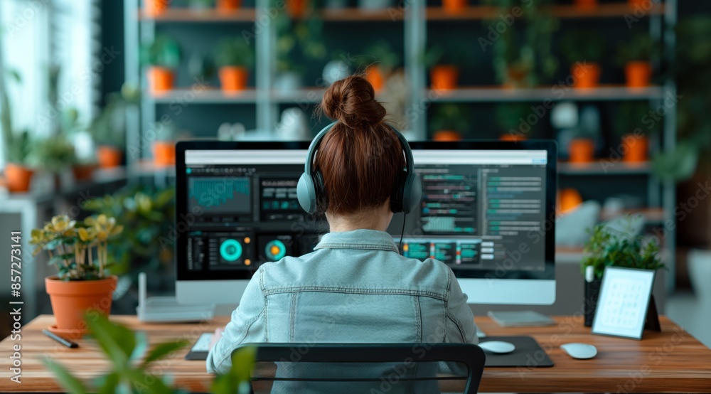 Person working on computer with headphones in modern office with plants ...
