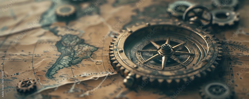 Steampunk style compass with gears and cogs, set on a vintage map ...