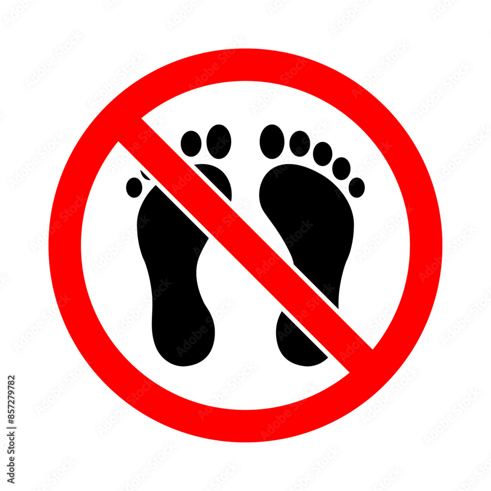 No barefoot ban symbol prohibited footprint sign board icon in red ...