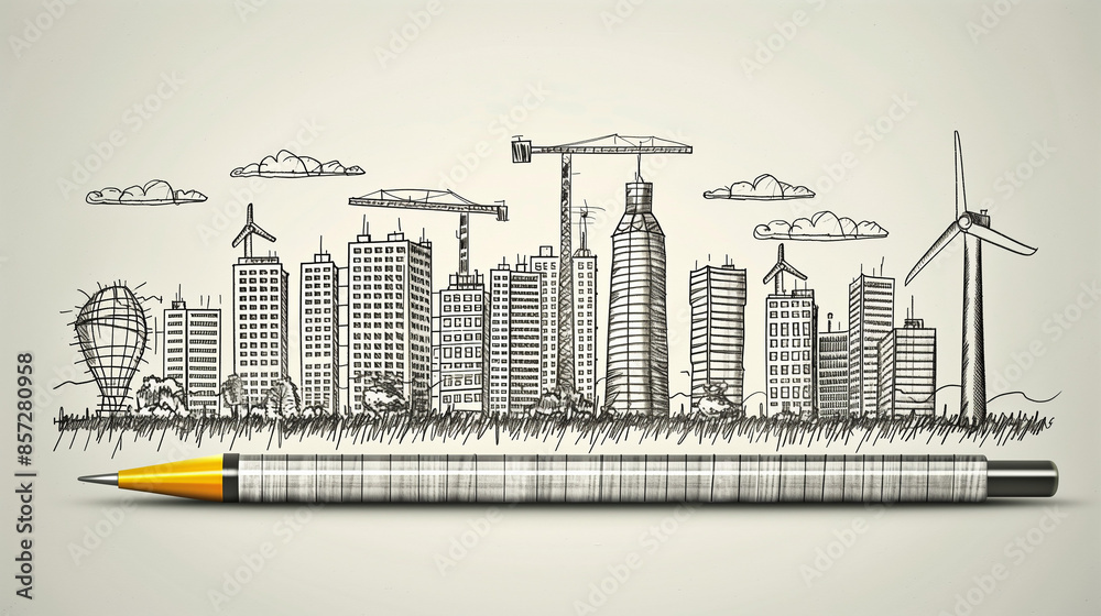 Draw a green energy blueprint on paper with a pen, featuring realistic ...