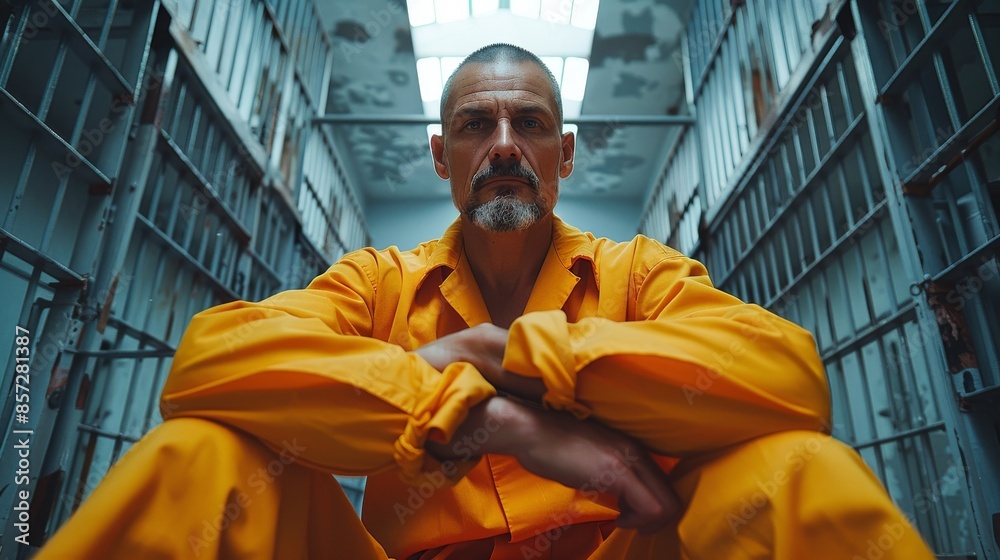 A mature man in an orange jail jumpsuit sits firmly in a prison cell ...
