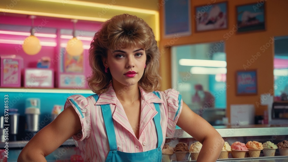 Foto de Young woman dressed in 80s style with mullet haircut, at the ...