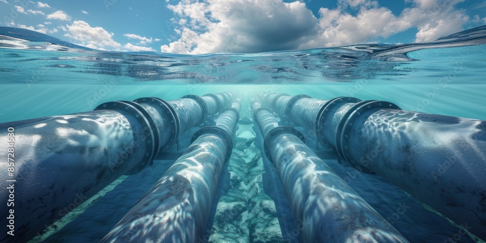 Gas pipelines underwater, metal pipes at the bottom of the sea. The ...