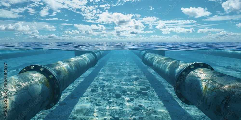 Gas pipelines underwater, metal pipes at the bottom of the sea. The ...