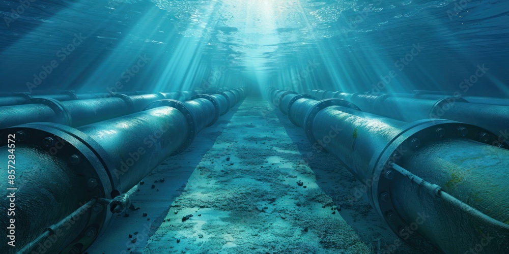 Gas pipelines underwater, metal pipes at the bottom of the sea. The ...