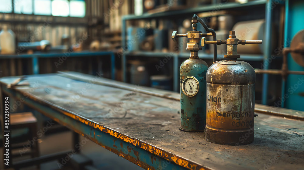 Vintage air compressor with a rusted tank and worn gauges, placed on a ...