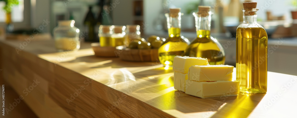 Cooking fats and oils variety shot, featuring butter, margarine, and ...