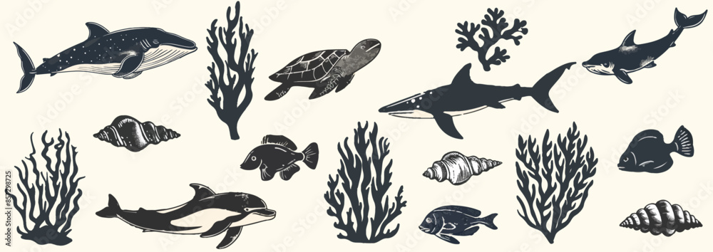 Ocean animal set, vector grunge whale print, wild sea mammal silhouette ...