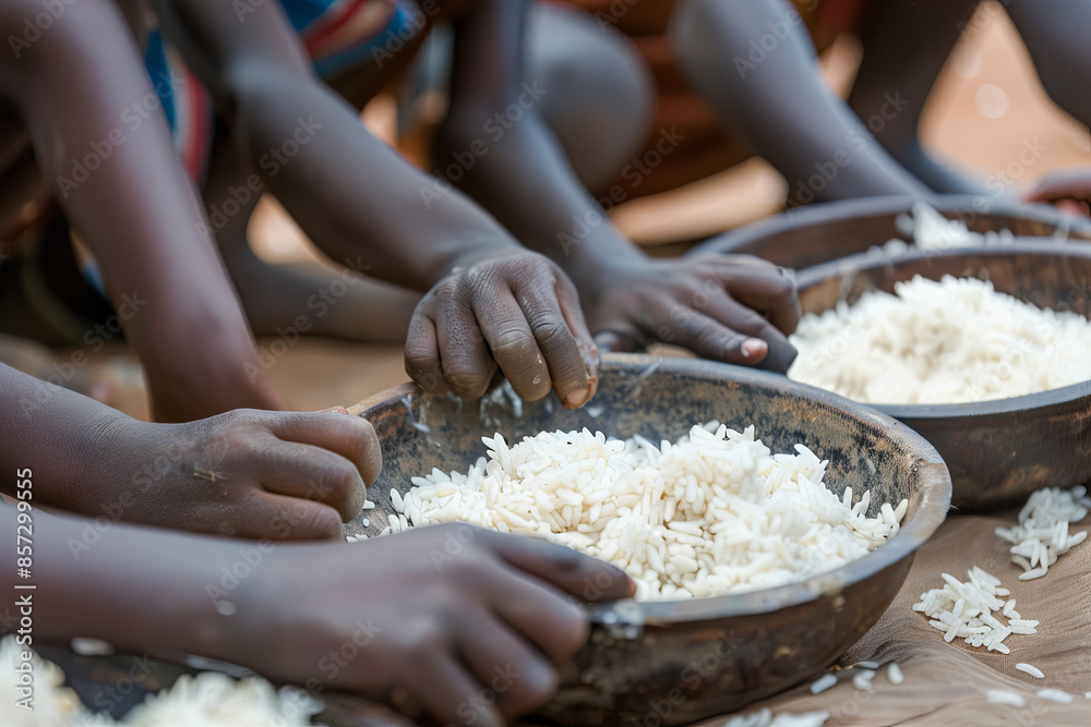 Group of African village children sharing a simple rice meal; concept ...