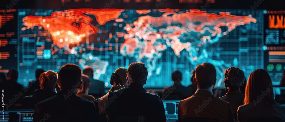 Geopolitical risk assessment with analysts, large screens with maps and ...