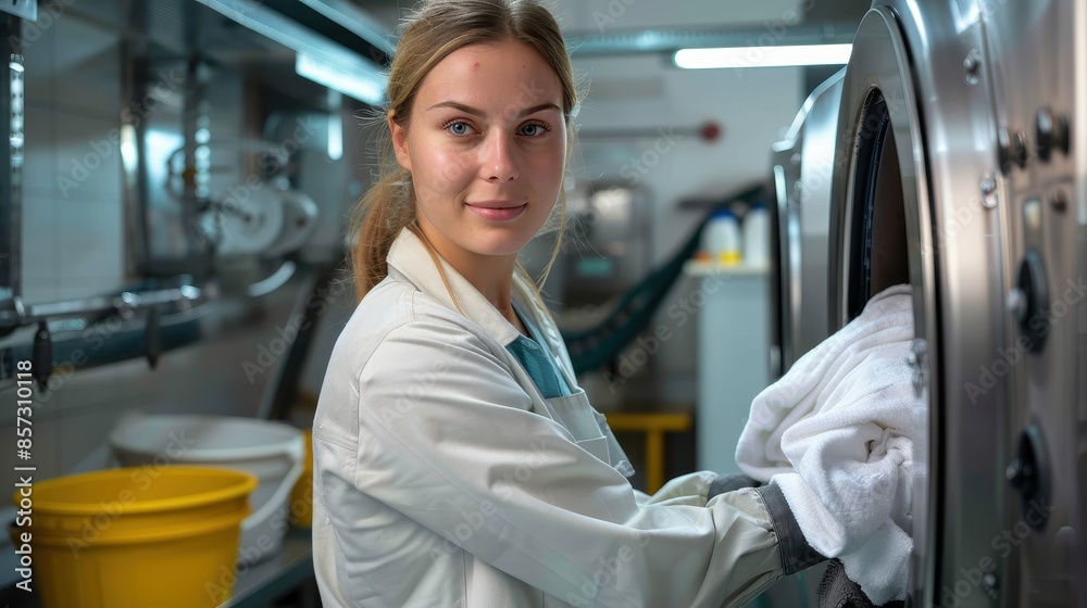 A young lady wearing a white coat and smiling while handling laundry at ...