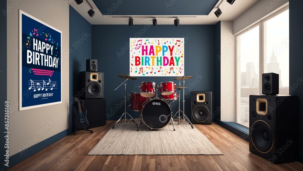 realistic photography of a birthday in a music studio background Stock ...