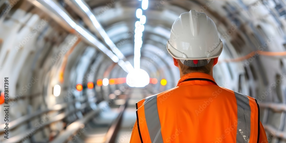 Engineer wearing safety gear overseeing underground construction work ...