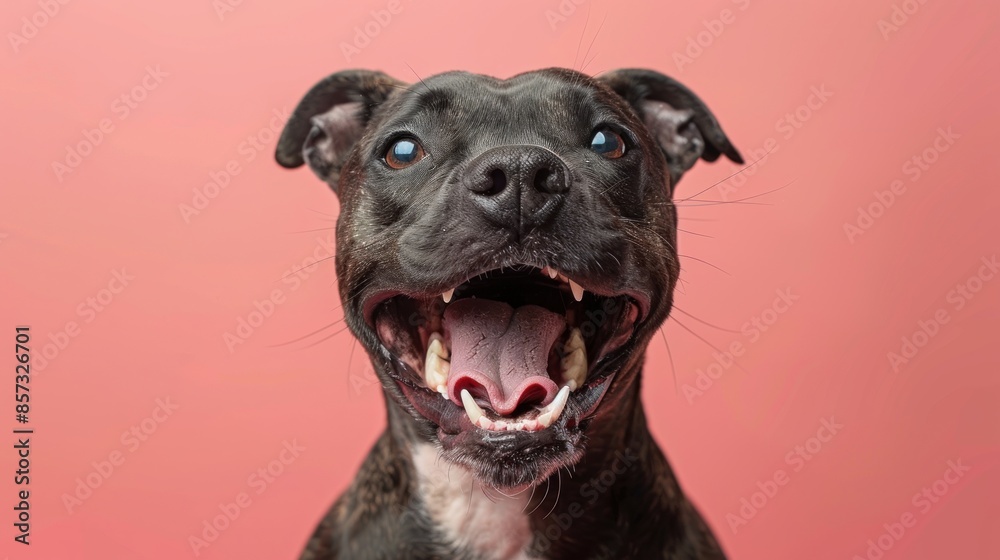 Staffordshire Bull Terrier, angry dog baring its teeth, studio lighting ...
