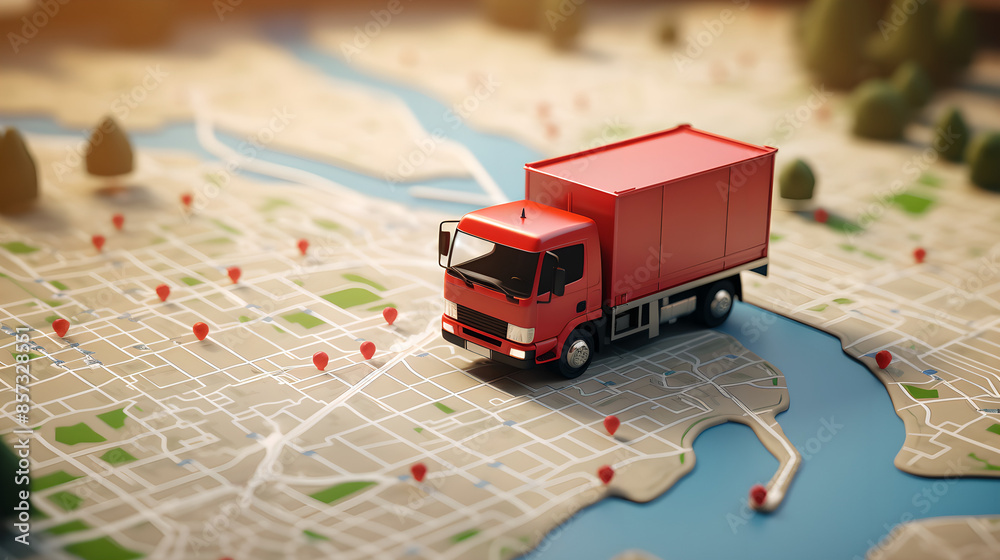 Red delivery truck model on a detailed city map, representing logistics ...