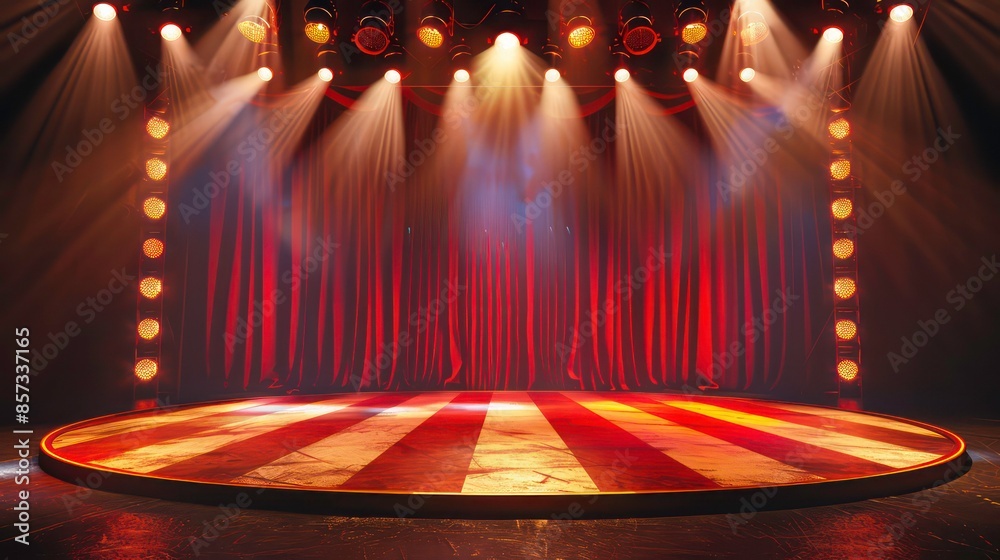 Circus stage podium background 3D carnival light red show curtain ...