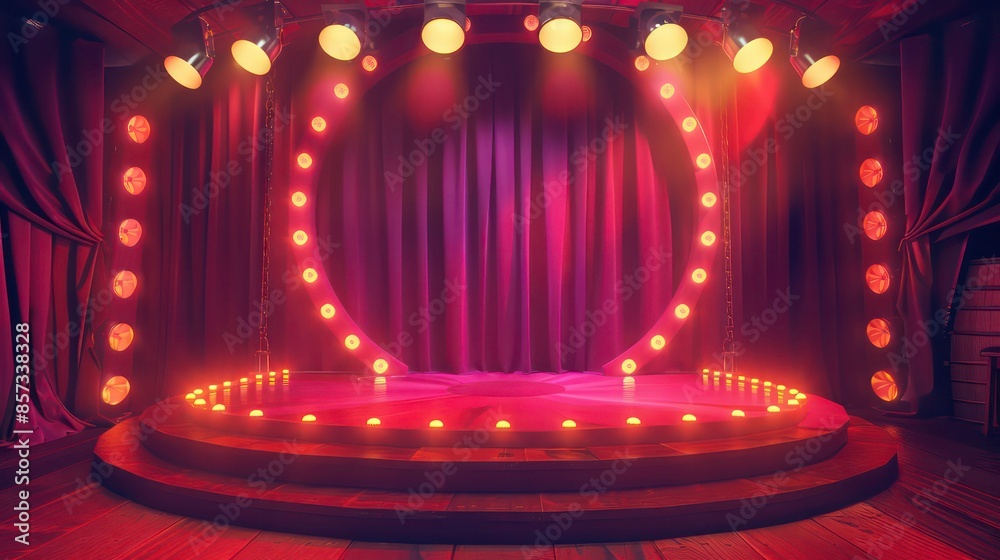 Circus stage podium background 3D carnival light red show curtain ...