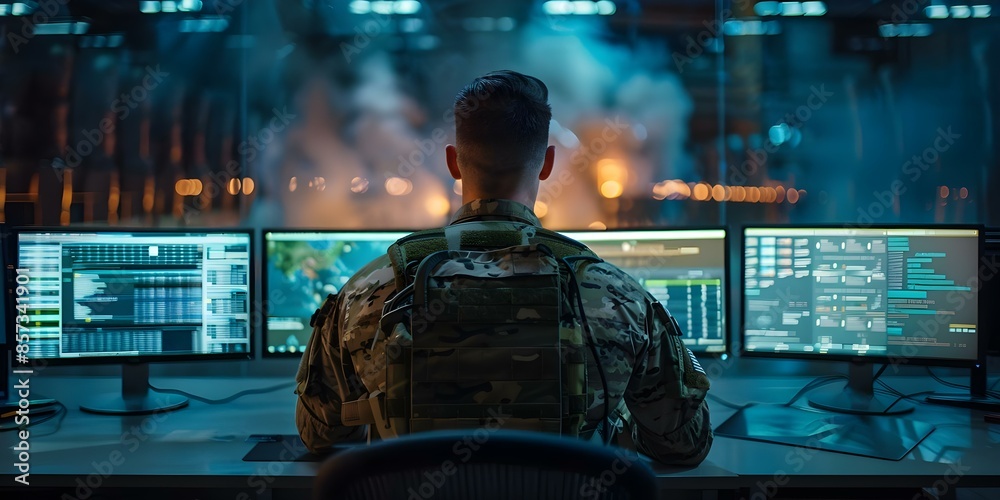 Soldier working on computer with multiple screens in a modern office ...