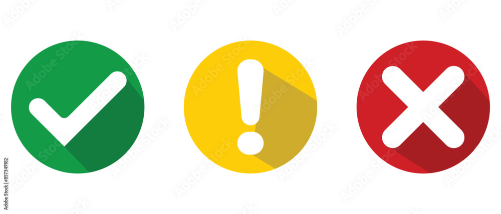 Set of flat round x mark, exclamation point, check mark icons, buttons ...