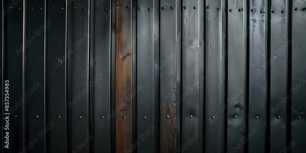 Textured black metal wall with vertical wood panels and dark steel roof ...