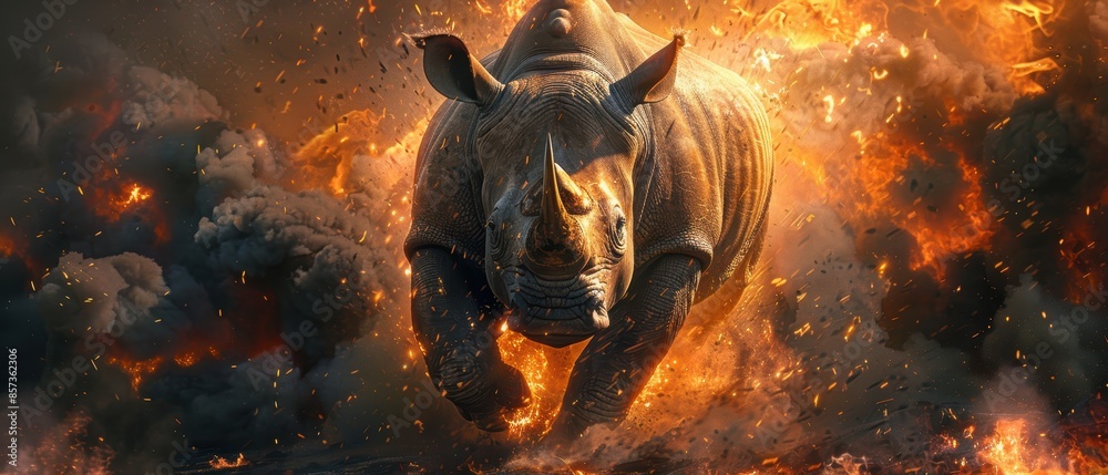 Rhino roaring amidst blazing bursts, representing raw strength and ...
