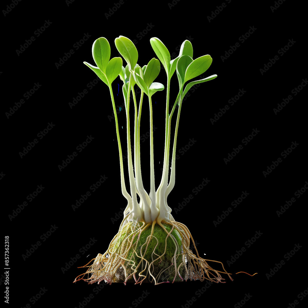 Close-up of a young green gram seedling with roots on a transparent ...
