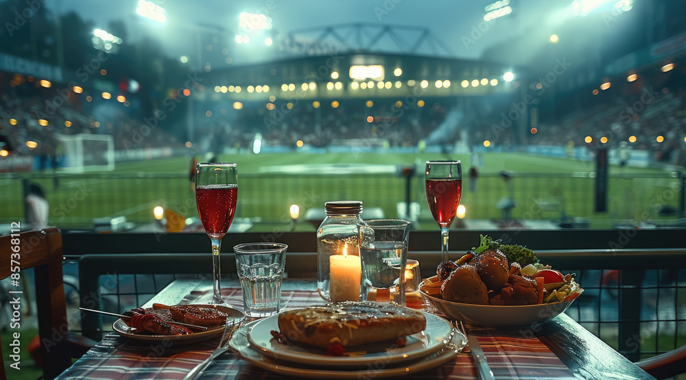 Romantic mood, A table of dinner inside a pitch soccer at night ...