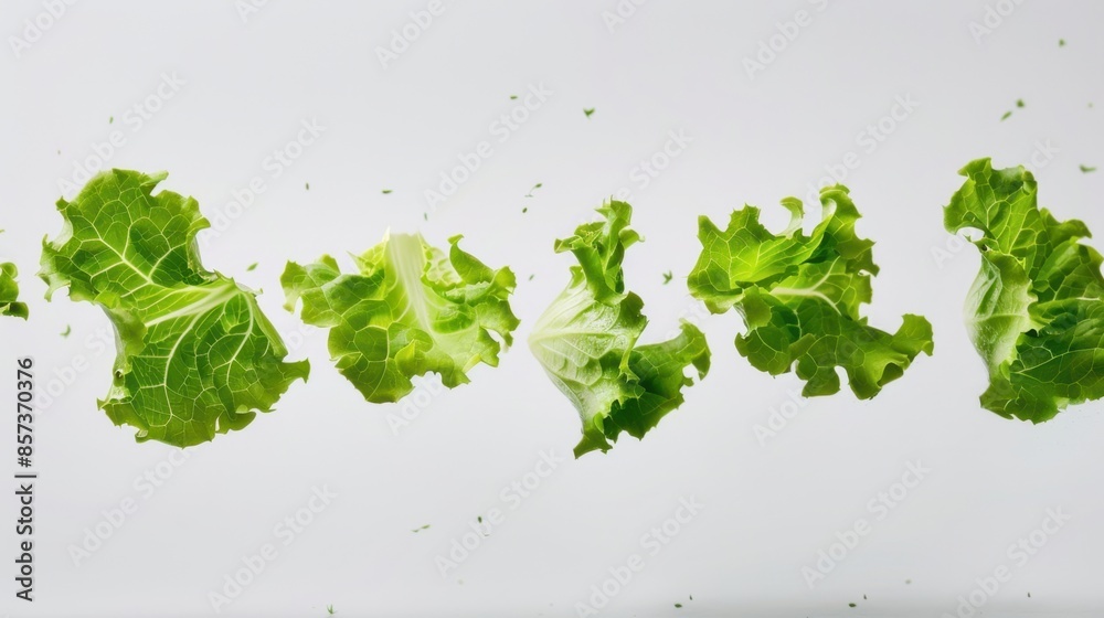 Five lettuce leaves are floating mid-air on a light gray background ...
