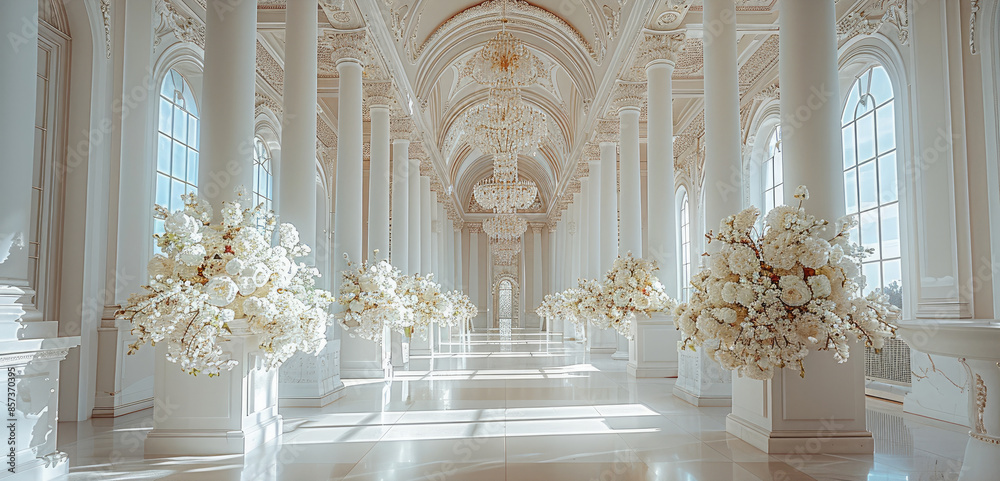 An elegant white hall with tall arches and columns, adorned with white ...