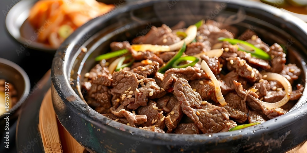 Sizzling bulgogi beef plate with kimchi stew in traditional pot ...