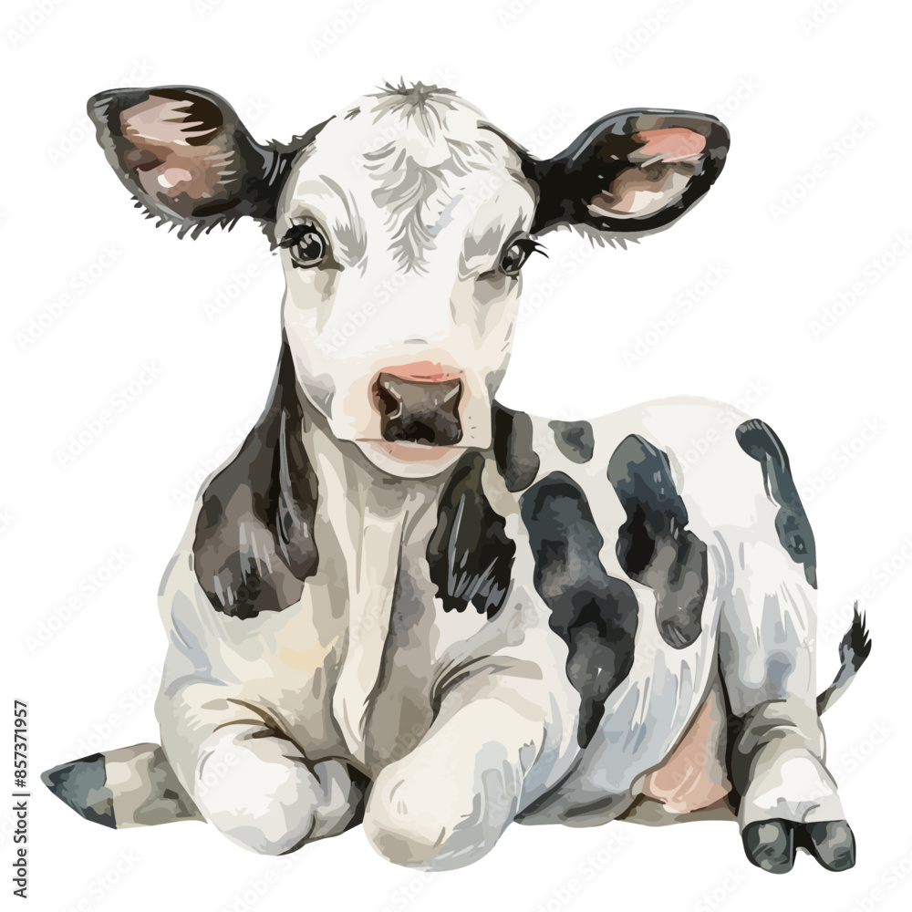 Watercolor Vector painting of a calf (baby cow), isolated on a white ...