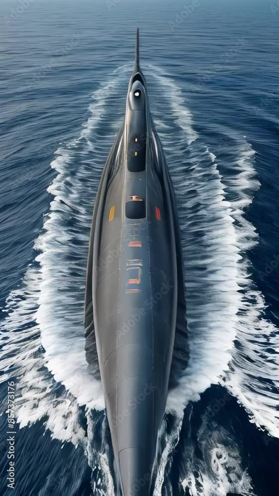 A grey submarine sails on the surface through the ocean waters, leaving ...