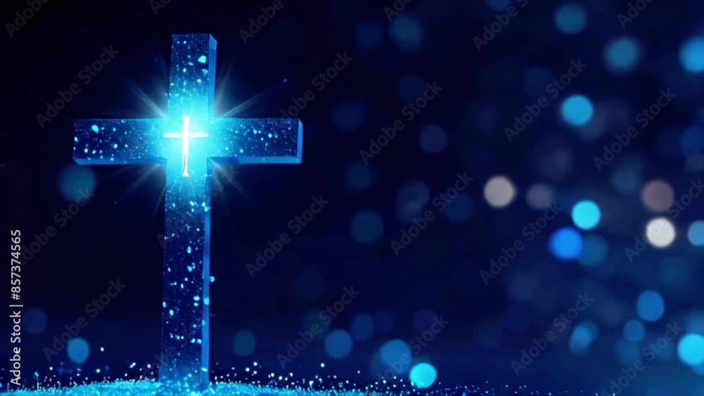Christian Cross on Horizontal blue bokeh glint banner background loop ...
