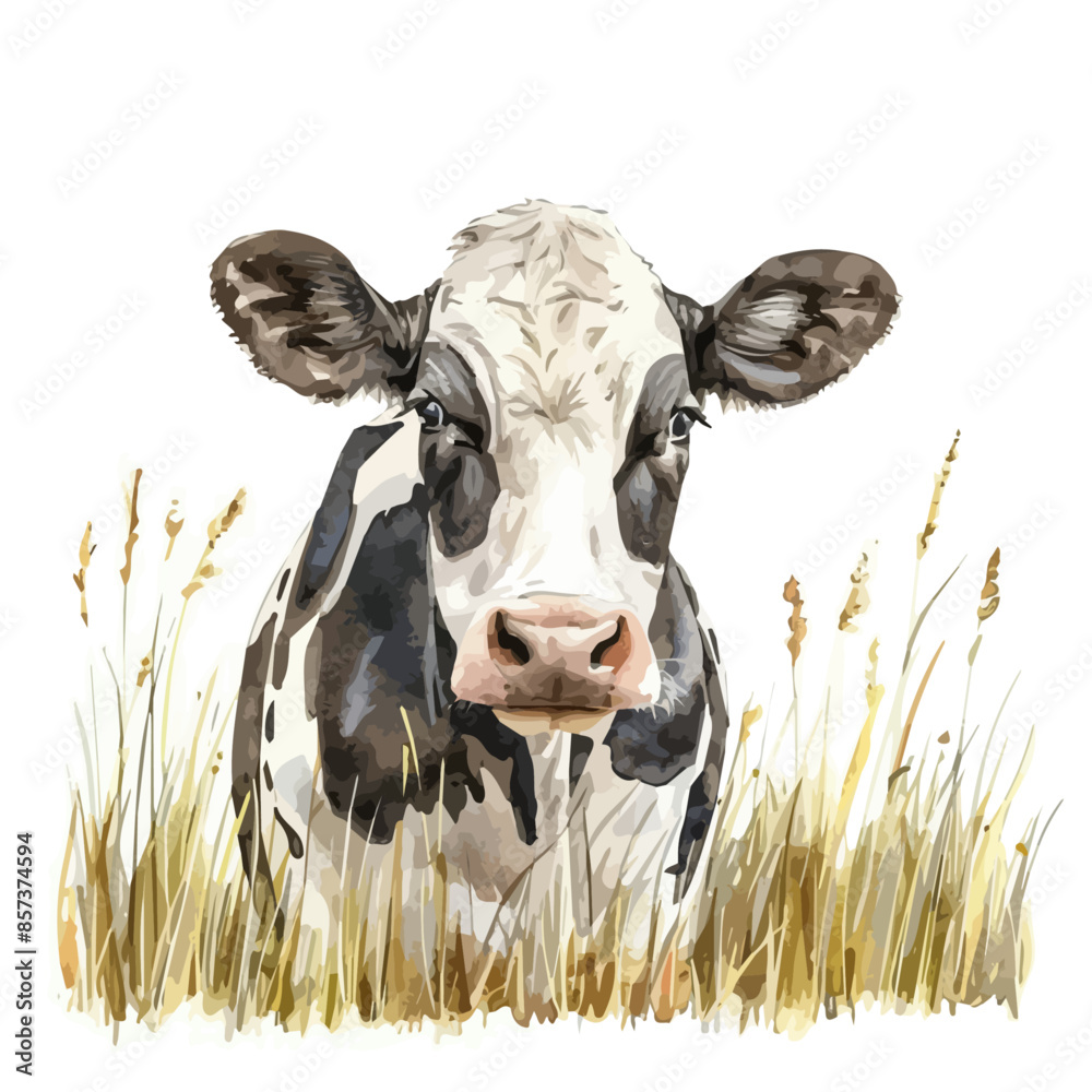 Watercolor painting vector of a cow sit in garden, isolated on a white ...