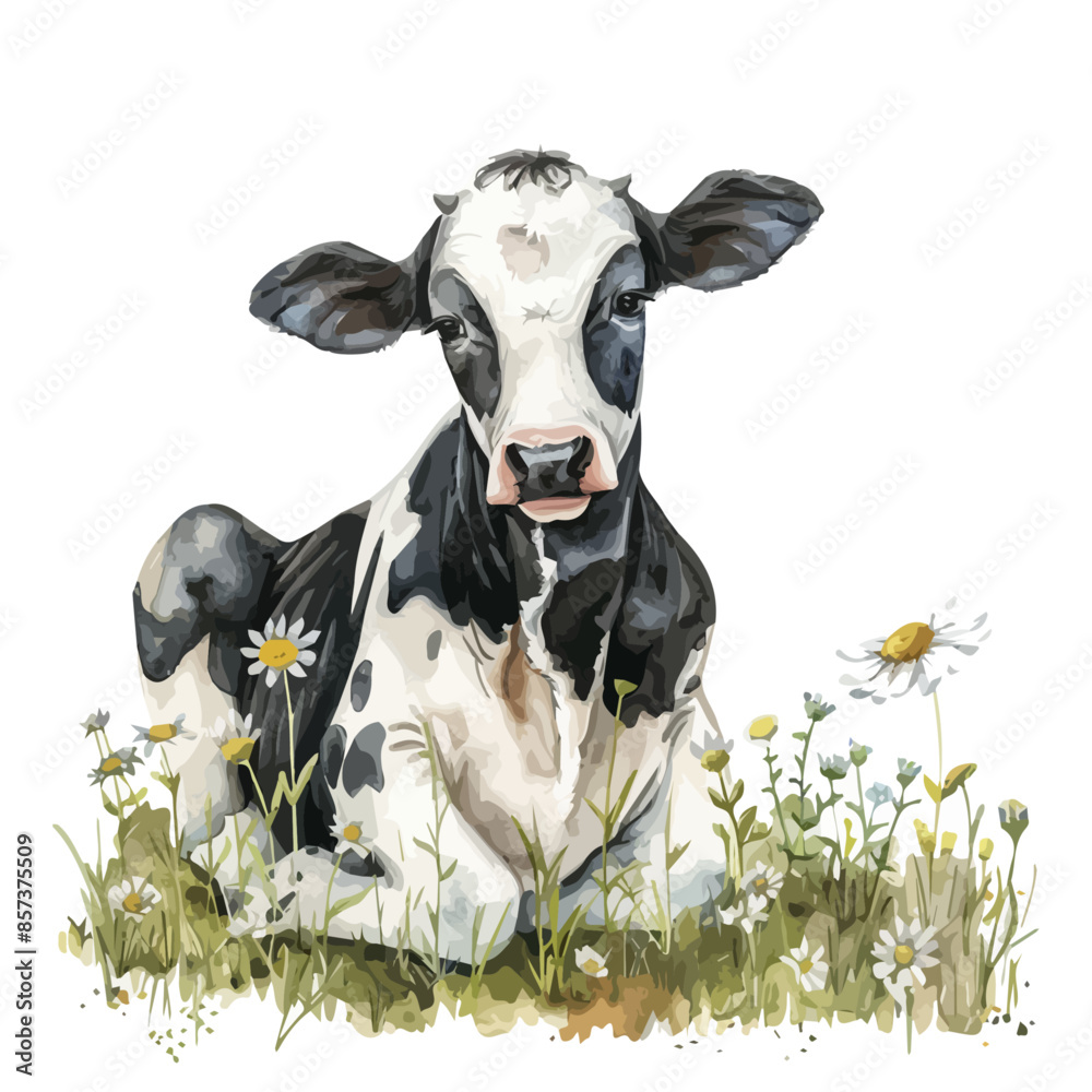 Watercolor Vector painting of a cow sit in garden, isolated on a white ...