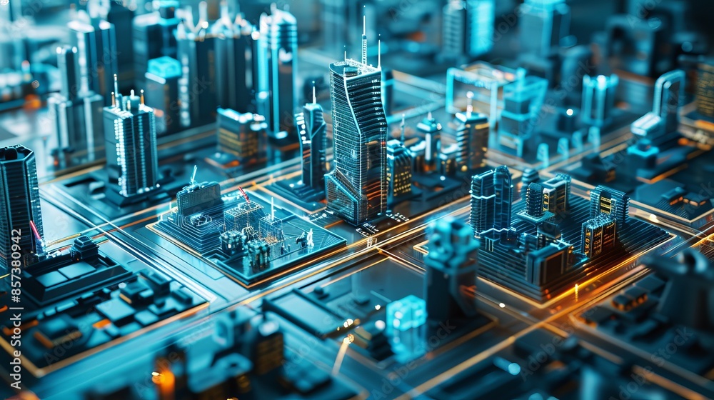 Stock-illustrationen Detailed model of a futuristic city on a desktop ...