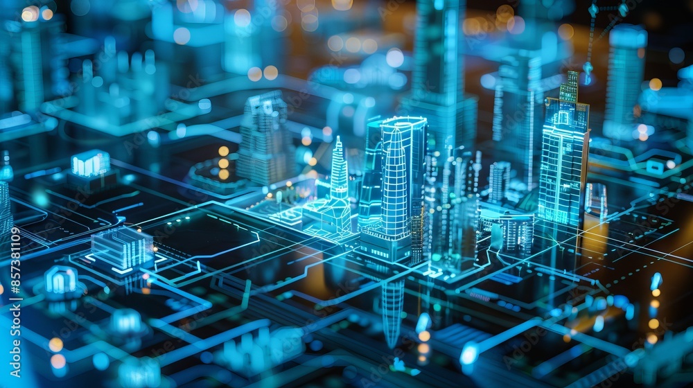 Detailed model of a futuristic city on a desktop, with small figures ...