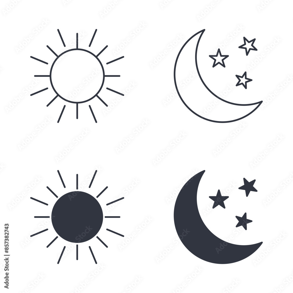 Sun and moon, day and night vector icons. Line and solid set symbols ...