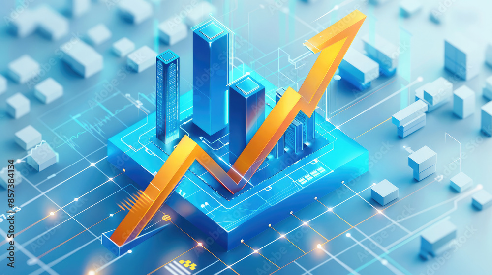 Blue flat illustration of an upward arrow with financial charts and ...
