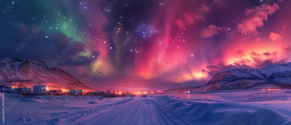 Spectacular sky with colorful northern lights and scattered clouds over ...